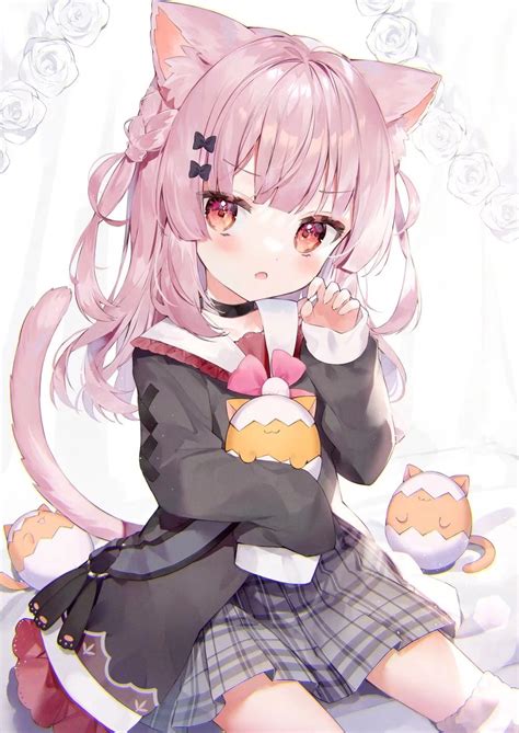 5447503 Pink Hair Cat Tail Flowers Cat Girl Choker Loli Cat Ears