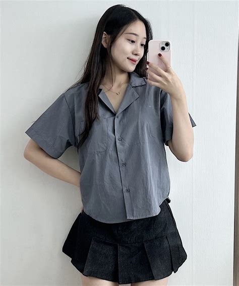 🚀당일발송 순수면100 모던무드 피치 포켓 심플 오픈카라 반팔 셔츠 T 에이블리