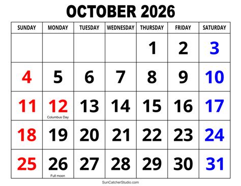 Free Printable Oct 2026 Calendar