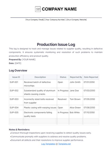 Free Production Issue Log Template To Edit Online