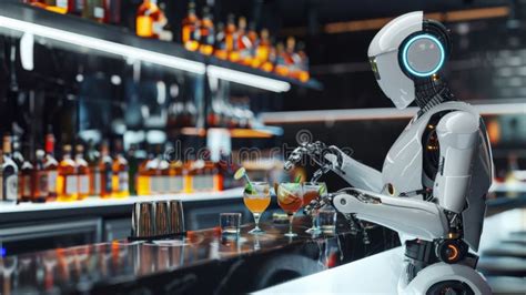 Robot Bartender Preparing Cocktails In A High Tech Bar Environment Futuristic Mixology And