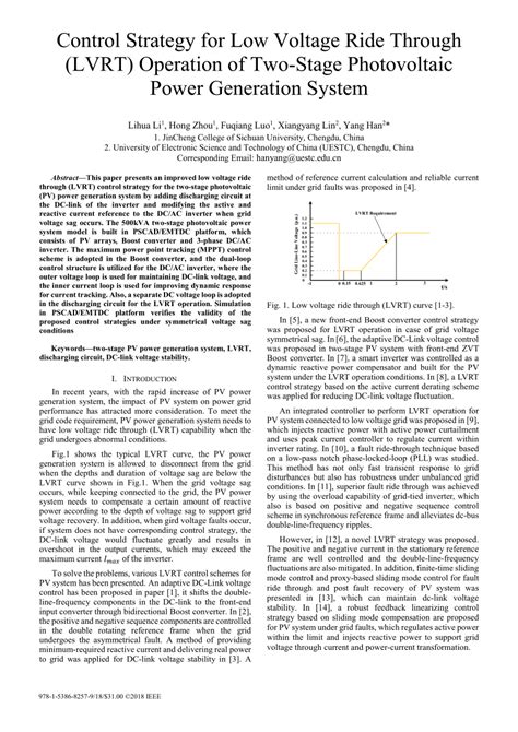 Pdf Control Strategy For Low Voltage Ride Through Lvrt Operation Of Two Stage Photovoltaic