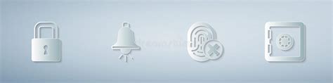 Set Lock Ringing Alarm Bell Cancelled Fingerprint And Safe Paper Art Style Vector Stock