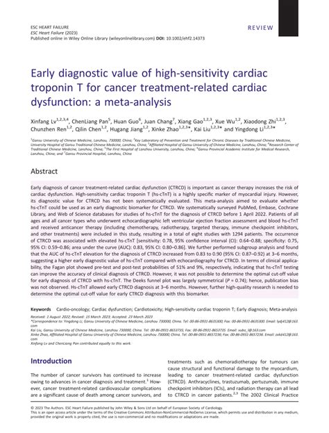 Pdf Early Diagnostic Value Of High Sensitivity Cardiac Troponin T For Cancer Treatment Related