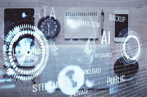 작업 테이블 데스크톱 위에 기술 테마 드로잉의 멀티 노출 맨 위 보기입니다 글로벌 데이터 분석 개념 개념에 대한 스톡 사진 및 기타 이미지 Istock