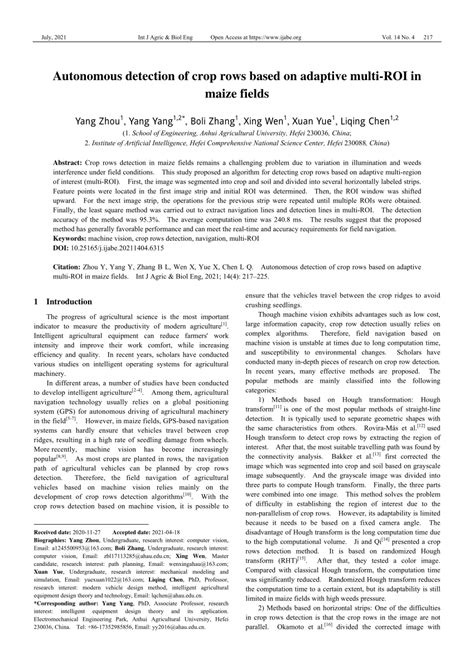 Pdf Autonomous Detection Of Crop Rows Based On Adaptive Multi Roi In