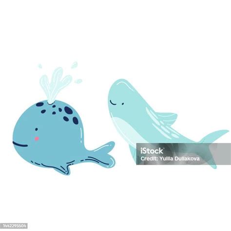 해양 포유류 푸른 고래 상어 향유 고래 돌고래 벨루가 고래 일각 고래 범고래의 집합 만화 벡터 그래픽입니다 고래에 대한 스톡