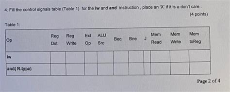Solved 4 Fill The Control Signals Table Table 1 For The