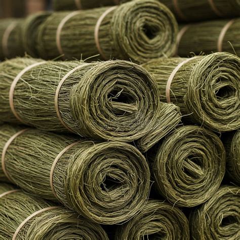 Stacked Rolls Of Dried Grass Or Straw Tightly Bundled With Bands