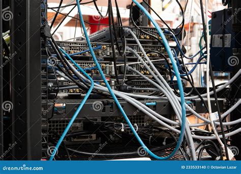 Many Cables Connecting Various Electronic Devices Inside Science Lab Close Up Shot No People