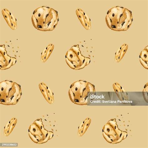 수채화 완벽 한 패턴입니다 과자 초콜릿 칩 쿠키 축제 완벽 한 패턴입니다 손으로 그린 그림입니다 전국 초콜릿 칩 쿠키의 날 12월에 대한 스톡 벡터 아트 및 기타 이미지