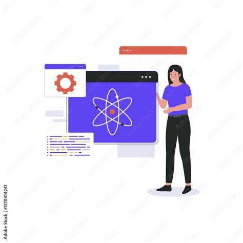 Smiling Woman Presents A Digital Interface Showcasing An Atom Code