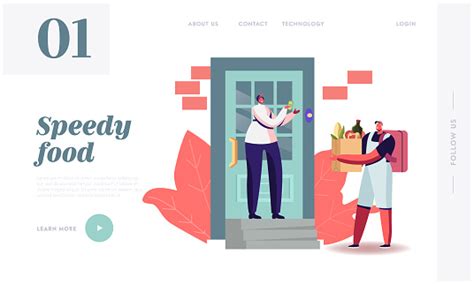 익스프레스 식품 배달 방문 페이지 템플릿 택배 캐릭터는 홈 온라인 주문에 소비자에게 식료품 가방을 배달 방문 판매원에 대한 스톡