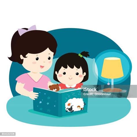 그녀의 딸에 게 취침 시간 이야기를 읽는 어머니의 벡터 그림 아이에 대한 스톡 벡터 아트 및 기타 이미지 아이 읽기 침대 Istock
