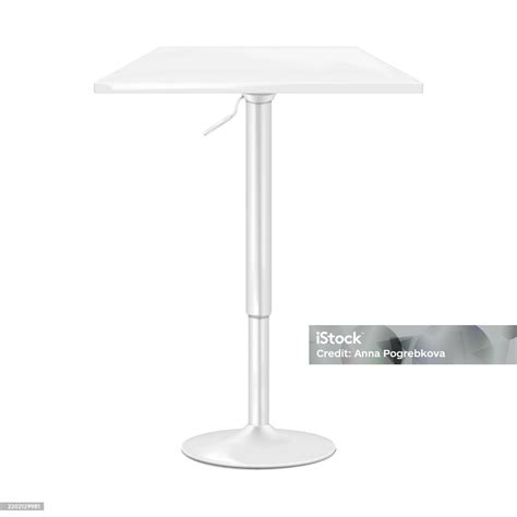 높이 조절 가능한 단일 금속 다리 칵테일 테이블 흰색 사각형 조리대 사실적인 3d 벡터 모형 높은 받침대 크롬 가스 리프트 베이스 사각형 카운터 바 테이블 모형 디자인