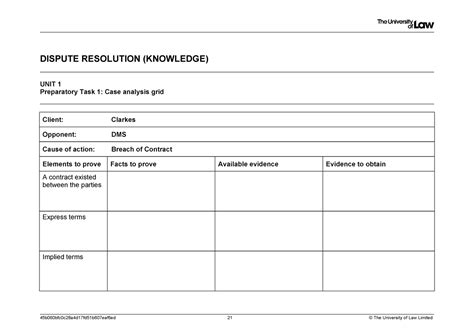 2223 Dis U01 Ce01 Prep Task01 Blank Case Analysis Grid DISPUTE RESOLUTION KNOWLEDGE UNIT 1