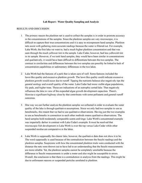 Water Quality Sampling And Analysis Lab Report Lab Report Water Quality Sampling And