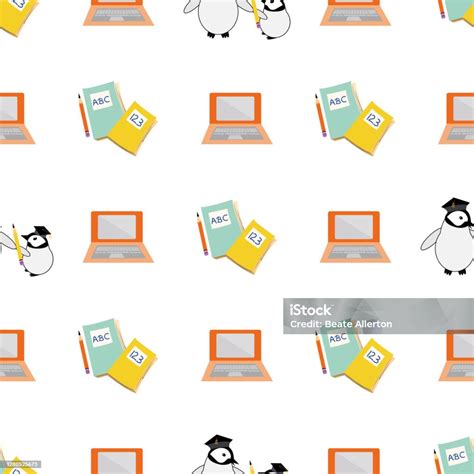 노트북과 노트북 원활한 패턴 배경 벡터 카와이 펭귄 병아리 일지와 황제 아기 병아리의 만화 쌍 흰색 배경에 컴퓨터 학습 학교