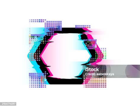 결함 및 디지털 노이즈 효과 동적 다채로운 픽셀 벡터 일러스트 레이 션 추상 파괴 된 버그 테두리가있는 육각형 0명에 대한 스톡