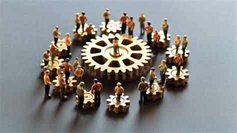 Miniature Business People Connecting Many Gears Top View Concept Of Teamwork Generative Ai