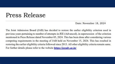 JEE Advanced Eligibility Criteira 2025 OUT Attempt Limit Restored To Two Age Limit