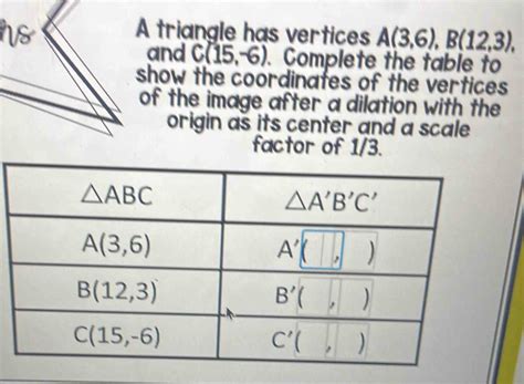Solved A Triangle Has Vertices A 3 6 B 12 3 And C 15 6 Complete The Table To Show The