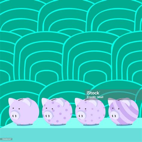 줄무늬 배경이있는 테이블에 여러 돼지 저금통 그리기 금융 저축을 보여주는 격차에 잡힌 큰 노트와 확산 돼지 돈 항아리 디자인