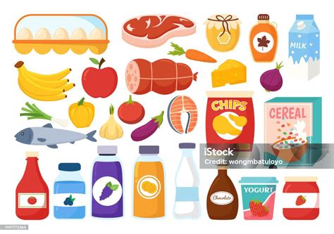 식품 식료품점 쇼핑 벡터 일러스트레이션은 슈퍼마켓에서 플랫 만화 손으로 그린 템플릿에 식품 품목 및 제품 구색을 가지고 있다 가방에 대한 스톡 벡터 아트 및 기타 이미지