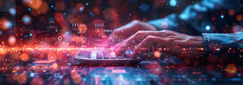 Hands Typing On A Keyboard In Front Of A Monitor Displaying Big Data Double Exposure Of Data
