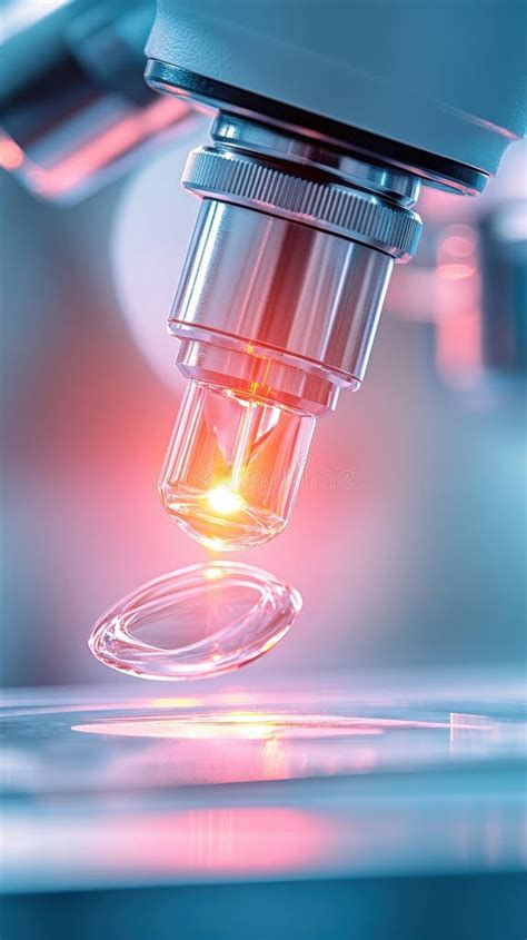 Microscope Objective Lens Examining Biological Sample With Red Light