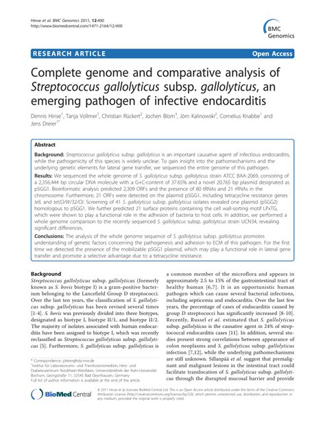 Pdf Complete Genome And Comparative Analysis Of Streptococcus Gallolyticus Subsp Gallolyticus