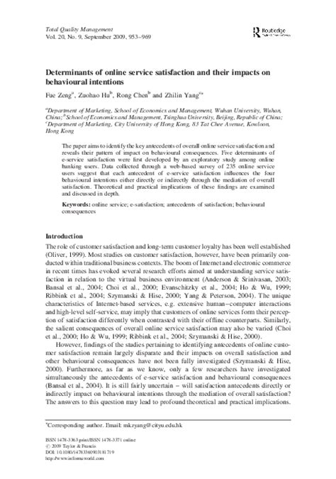 Pdf Determinants Of Online Service Satisfaction And Their Impacts On Behavioural Intentions