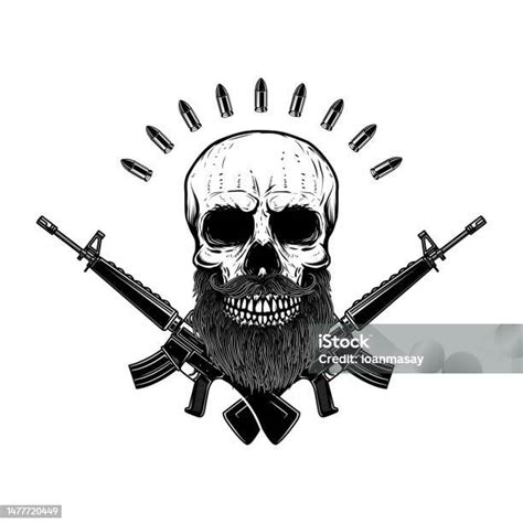 교차 돌격 소총을 가진 두개골의 그림 라벨 기호 엠블럼에 대한 디자인 요소 벡터 그림 Ar 15 소총에 대한 스톡 벡터 아트 및
