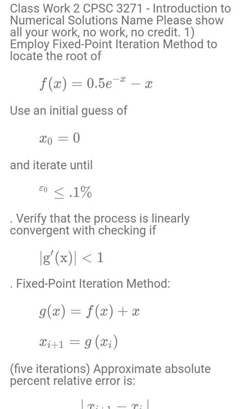 Answered Class Work 2 Cpsc 3271 Introduction To Numerical Solutions Kunduz