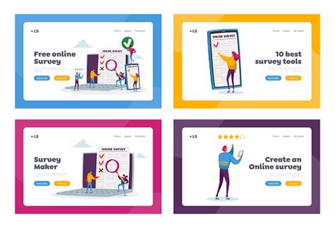 온라인 설문조사 방문 페이지 템플릿 집합입니다 거대한 노트북 및 스마트 폰 응용 프로그램에 디지털 양식을 채우는 작은 문자 투표에 대한 스톡 벡터 아트 및 기타 이미지