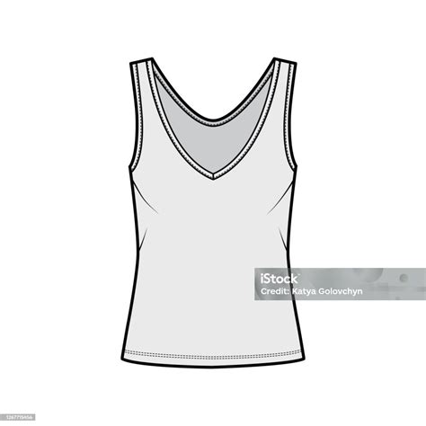 대형 바디 딥 V 넥라인 길쭉한 밑단이 있는 코튼 저지 탱크 테크니컬 패션 일러스트 플랫 의류 0명에 대한 스톡 벡터 아트 및 기타 이미지 Istock