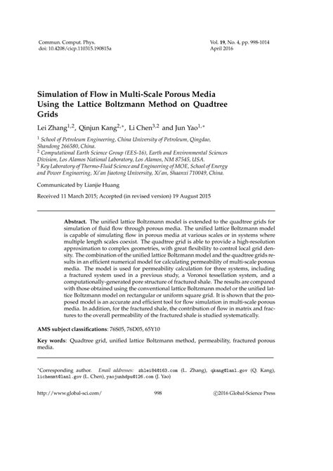 Global Science Press Simulation Of Flow In Multi Scale Porous Media Using The Lattice Boltzmann