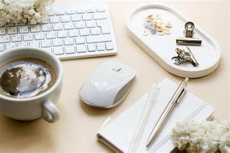 Premium Photo Neutral Color Tabletop With Pc Keyboard Notepad And