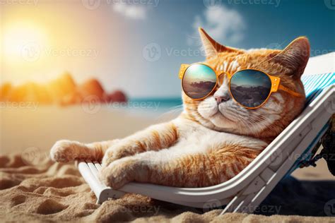 Cat With Sunglasses Chilling On The Beach Vacation Holiday Mood