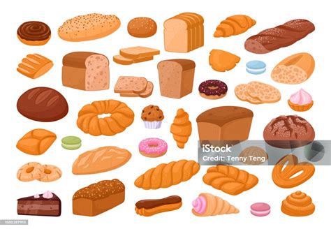 만화 달콤한 생과자 베이커리 맛있는 페이스트리 프랑스 마카롱 에끌레어 베이글 크루아상 컵케이크 쿠키 플랫 벡터 일러스트레이션