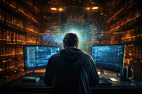 Premium Ai Image Rear View Of Hacker Sitting At Table In Dark Room
