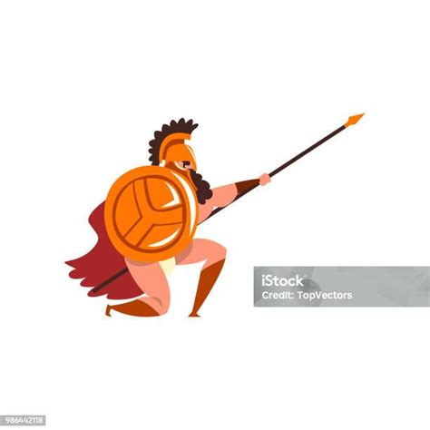 황금 갑옷과 붉은 망 토 흰색 배경에 방패와 창 벡터 일러스트 레이 션과 고 대 군인에서 스파르타 전사 고전 양식에 대한 스톡