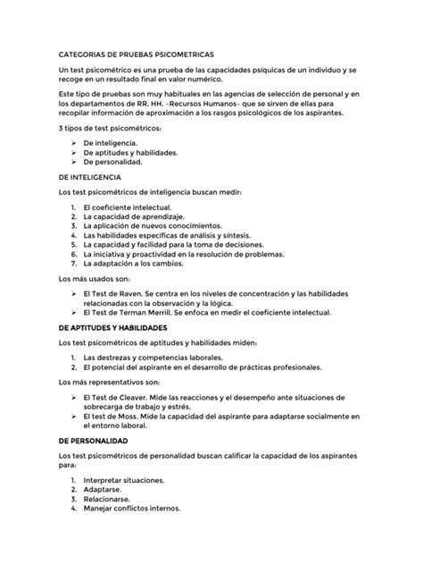 Categorias De Pruebas Psicometricas Pdf