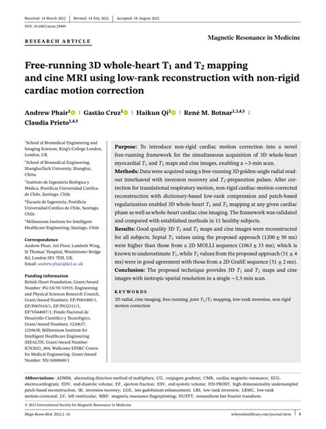 Pdf Free‐running 3d Whole‐heart T1 And T2 Mapping And Cine Mri Using Low‐rank Reconstruction