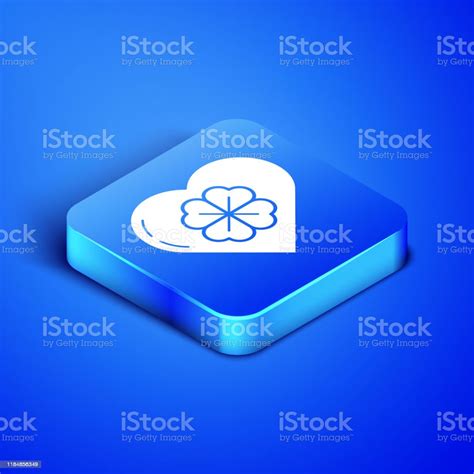 파란색 배경에 격리 된 네 개의 잎 클로버 아이콘이있는 등각 칭하심 해피 세인트 패트릭 의 날 파란색 사각형 버튼입니다 벡터 일러스트레이션 St Patricks Day에