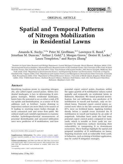 Spatial And Temporal Patterns Of Nitrogen Mobilization In Residential Lawns Request Pdf