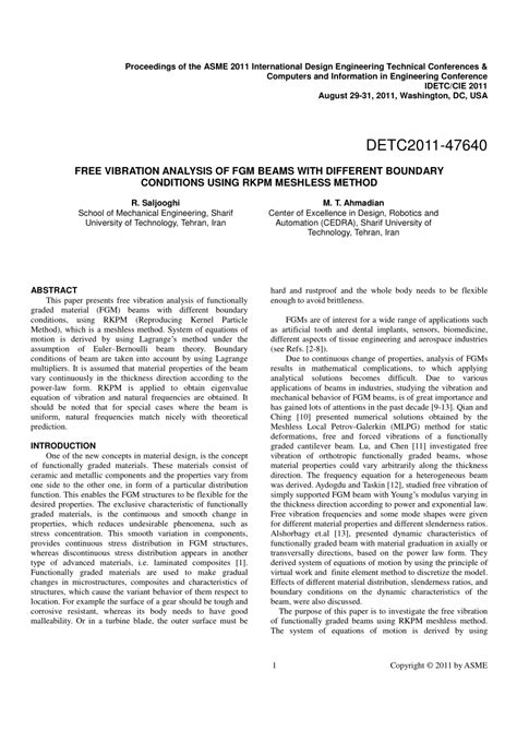 Pdf Free Vibration Analysis Of Fgm Beams With Different Boundary Conditions Using Rkpm