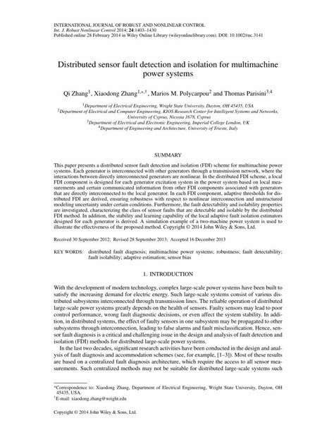 Pdf Distributed Sensor Fault Detection And Isolation For Multimachine