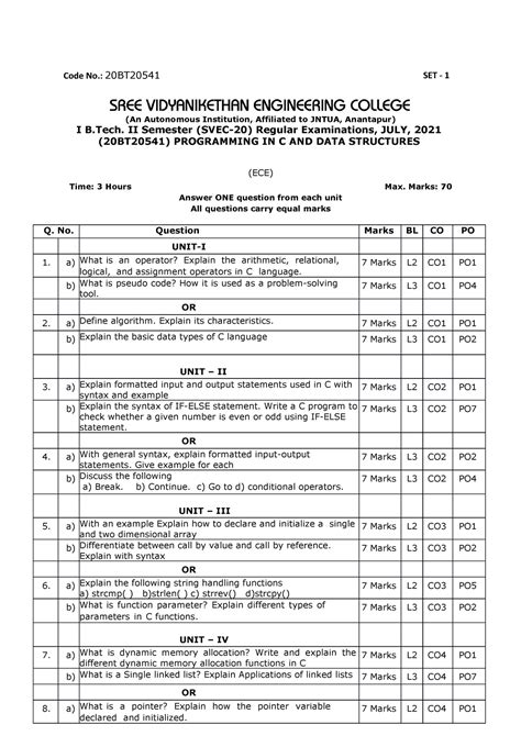 Pcds External Exam Qp Template Svec 20 B Code No 20bt20541 Set 1 An Autonomous