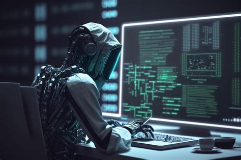 Premium Ai Image A Robot Working On A Computer With A Code On The Screen